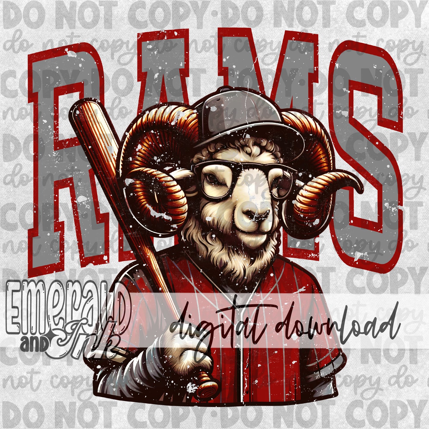 Rams Red Baseball Grungy Mascot - DIGITAL Download – Emerald & Ink